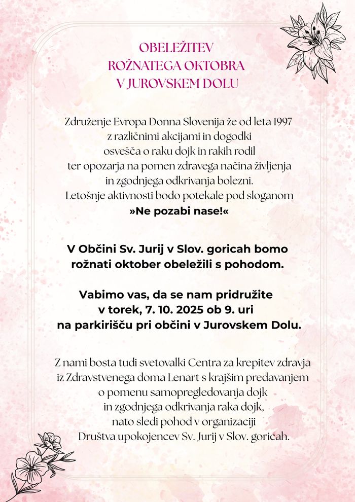 VABILO NA OBELEŽITEV ROŽNATEGA OKTOBRA V JUROVSKEM DOLU